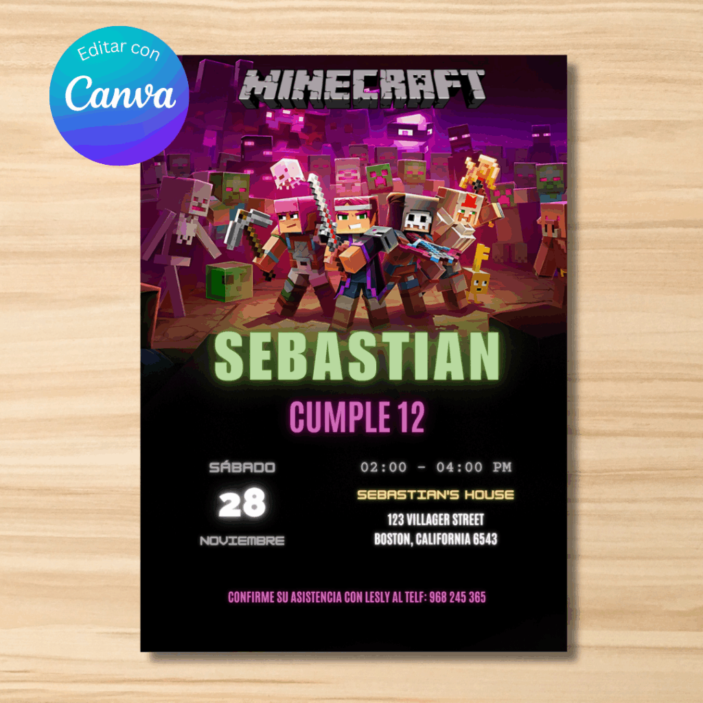 Invitación editable de Minecraft fiesta | Plantilla Canva