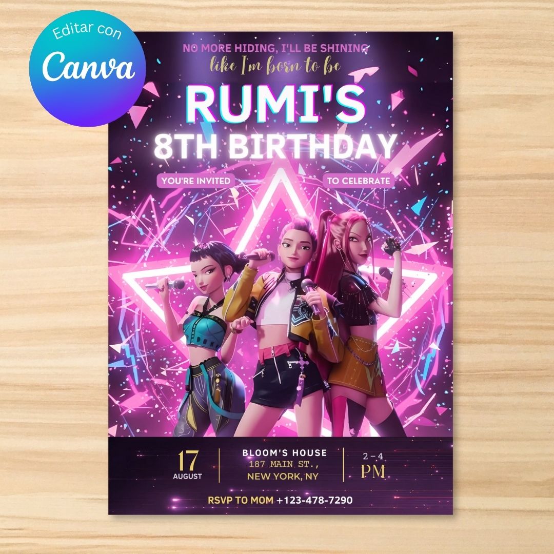 Invitación KPop Demon Hunters | Plantilla editable Canva