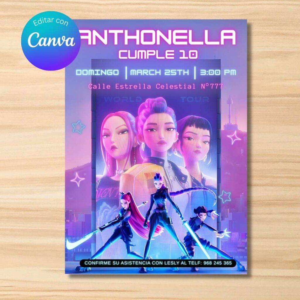 Invitación KPop Demon Hunters | Plantilla editable Canva