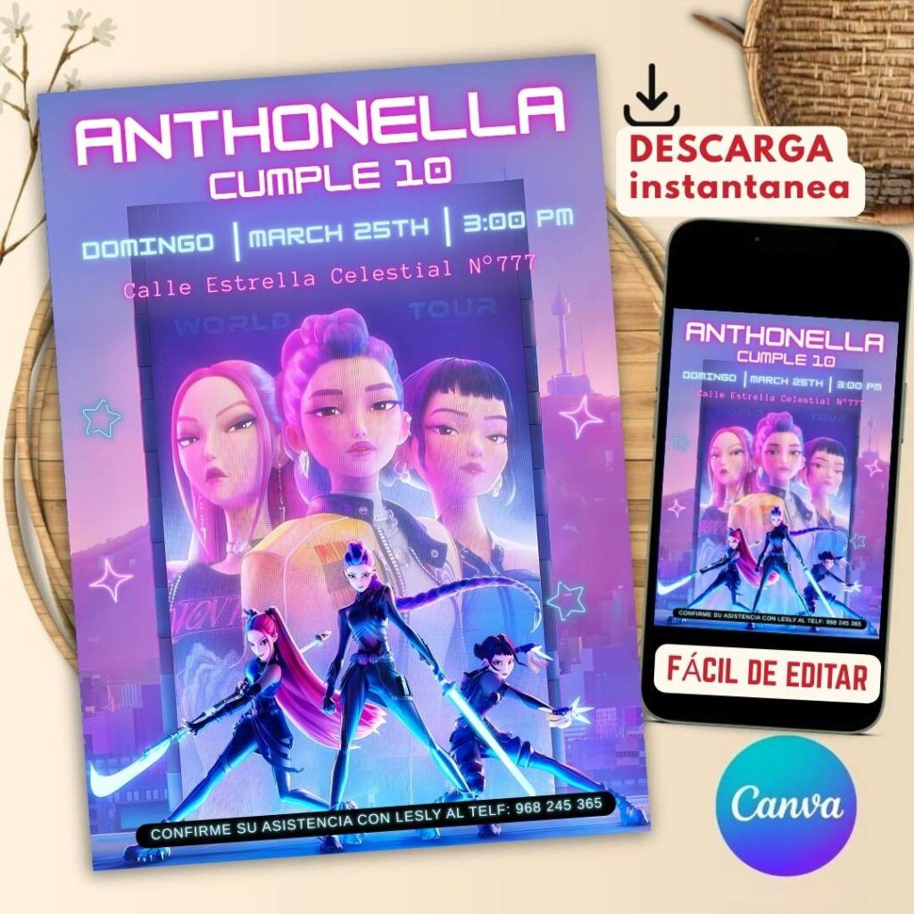 Invitación KPop Demon Hunters | Plantilla editable Canva
