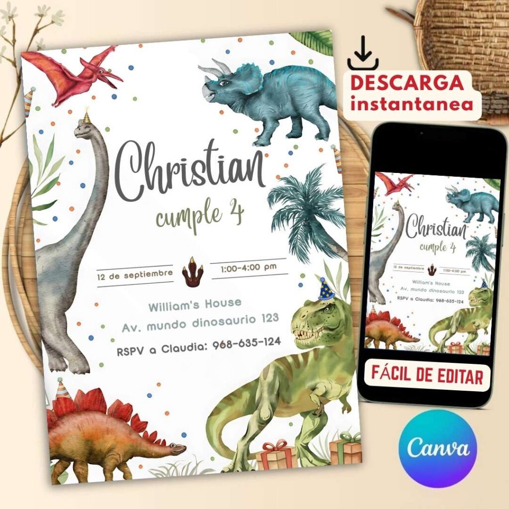 Invitación de cumpleaños de Dinosaurios editable en Canva